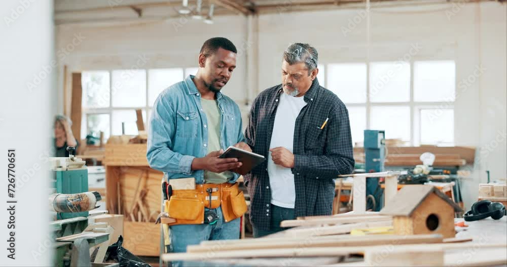 Woodwork, teamwork and carpenter with tablet in a workshop ...