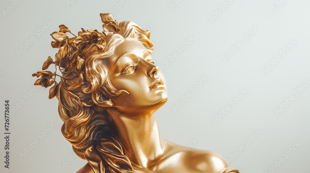 Gold sculpture of female head on a light solid background. Banner with ...