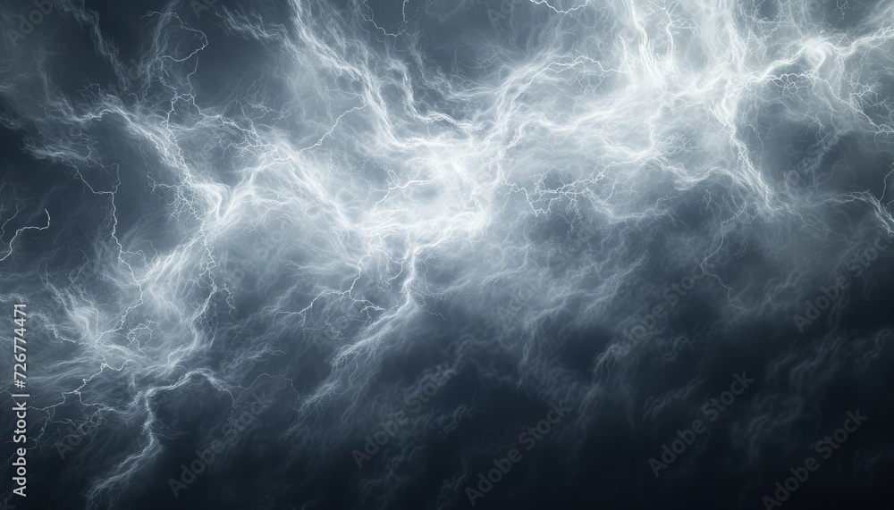 Abstract white and gray thunder lightnings against black sky background ...