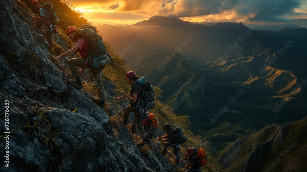 Unified team of friends climbing together, supporting each other to ...
