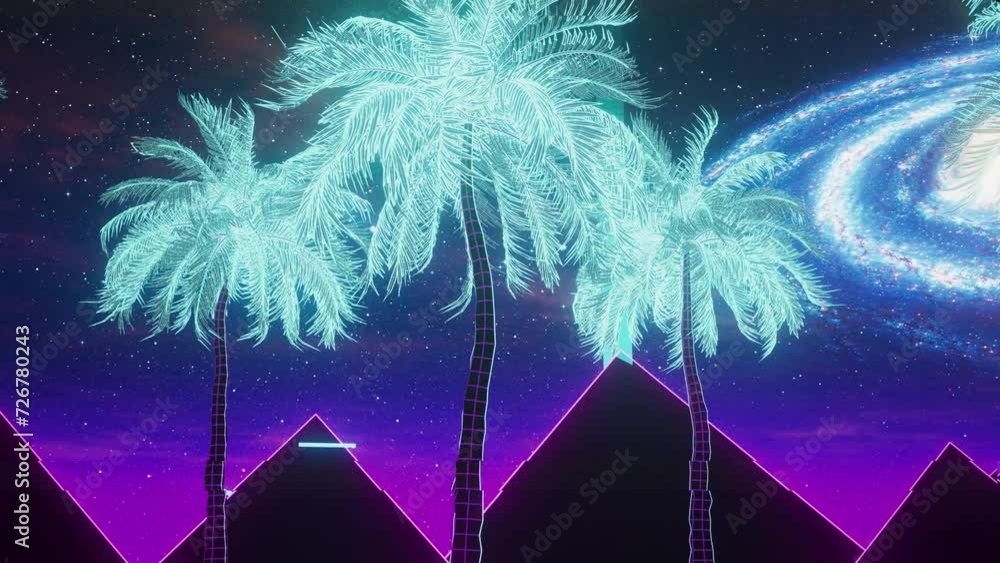 Retro futuristic Loop Animation of Neon Palm Tree and Pyramid with a ...