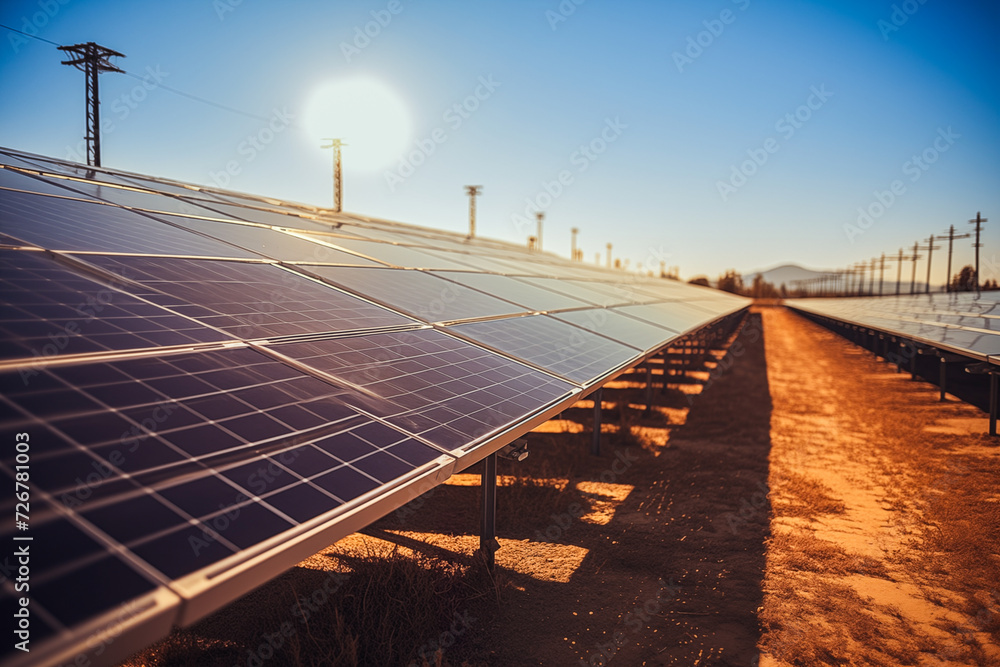 Solar panels (solar cell) in solar farm with sun lighting to create the ...