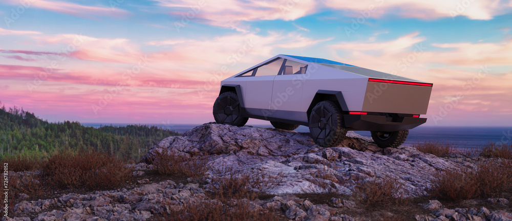 Tesla Cybertruck on a Rocky Mountain by the Ocean Shore. Aerial ...