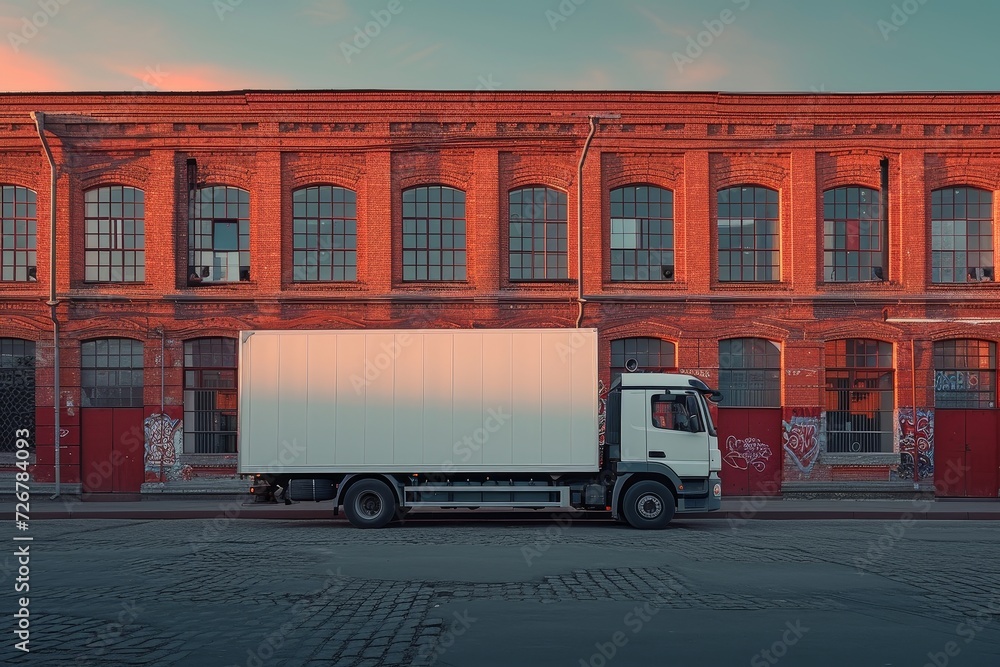 A towering red truck stands idle in front of a sturdy brick building ...