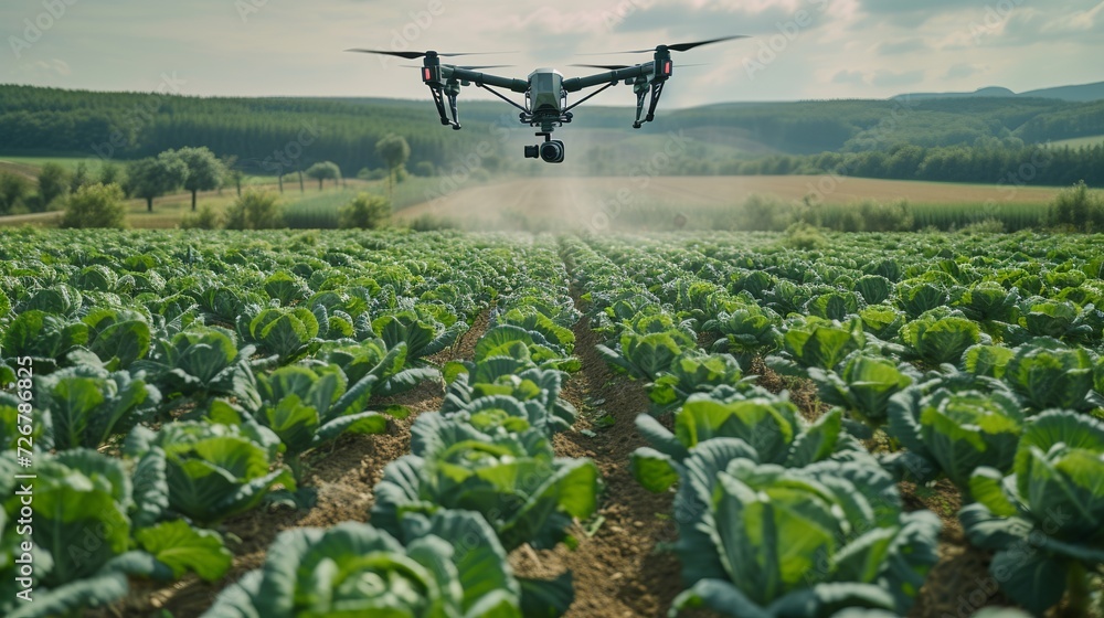Panorama agriculture drone fly to sprayed fertilizer on Cabbage field. smart farmer use drone ...