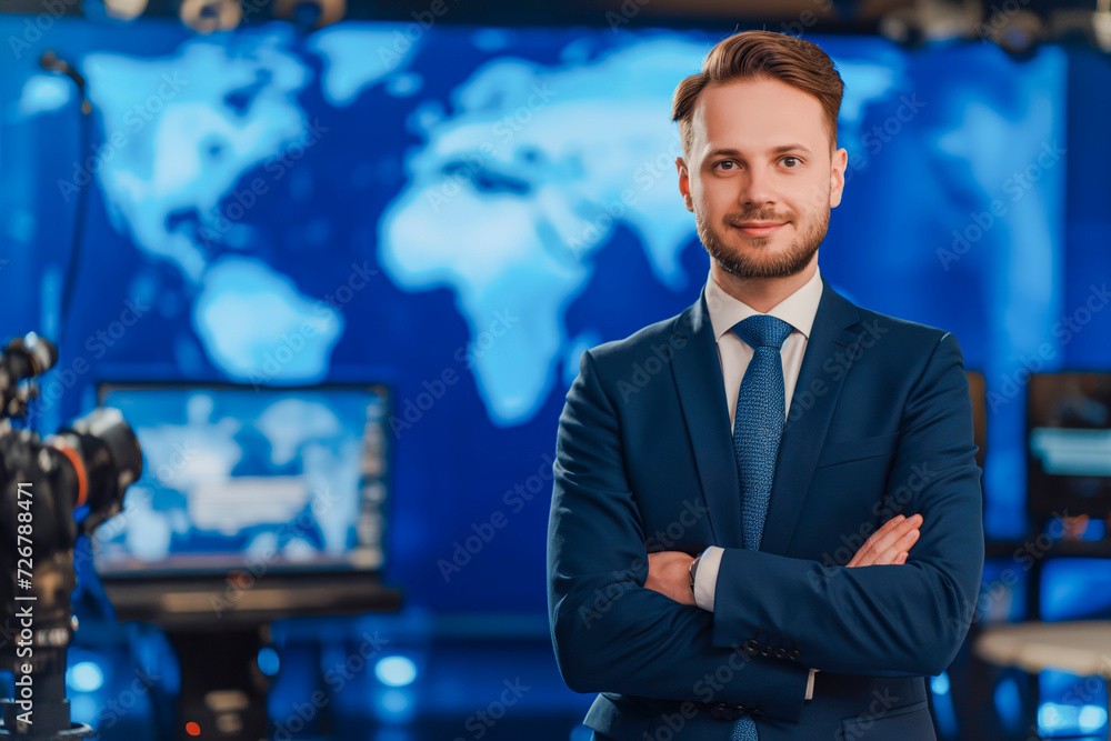 TV news presenter on a popular channel. live stream broadcast on ...