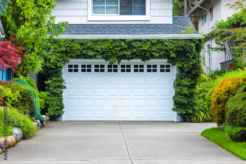 Garage door background. A typical American white garage door with a ...