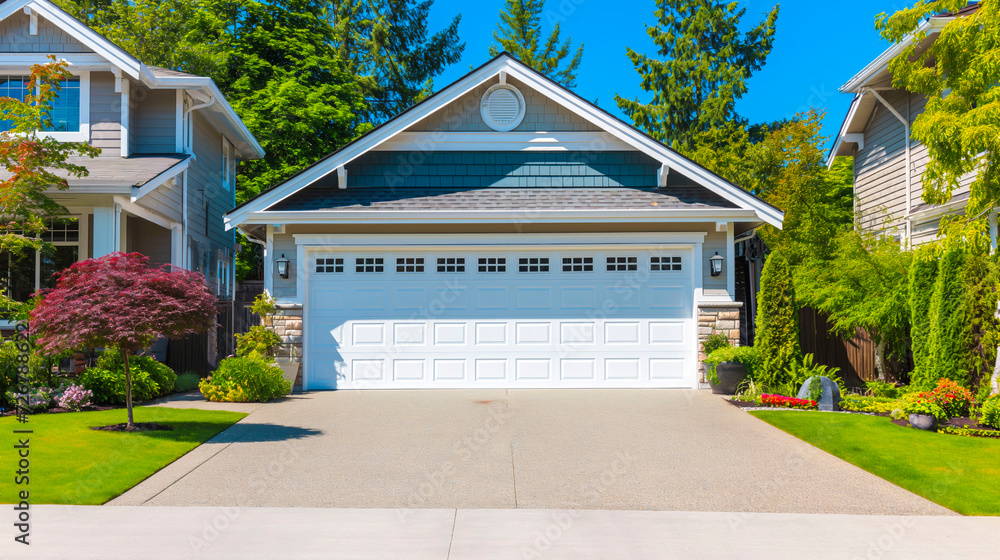 Garage door background. A typical American white garage door with a ...
