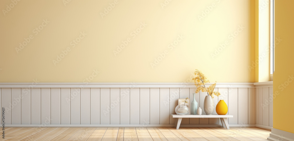 Extra wide yellow virtual empty room interior background backdrop ...
