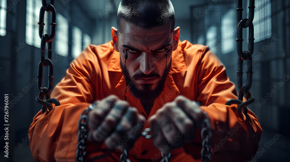 Portrait face of Stressed prisoner with hands chained in prison ...