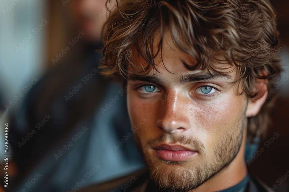 Captured in a striking portrait, a man with piercing blue eyes gazes at ...