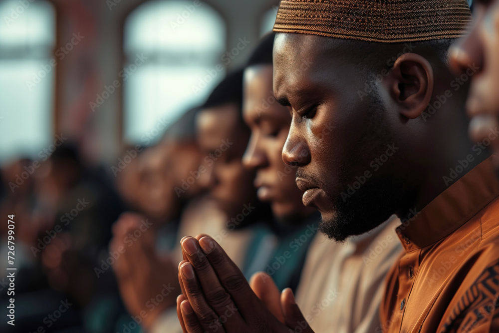 Religious African men praying in congregation in a community space ...