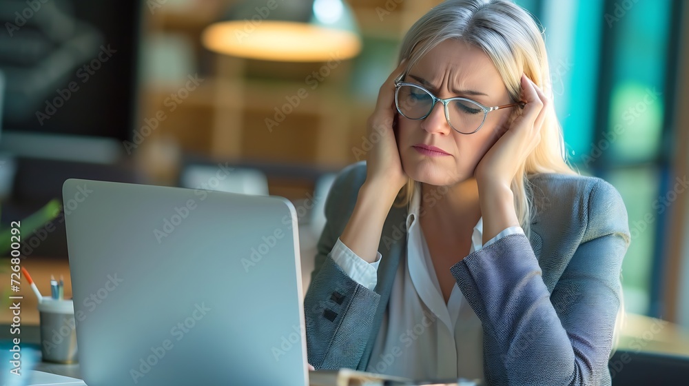 Worried fatigued mature business woman wearing glasses having headache ...