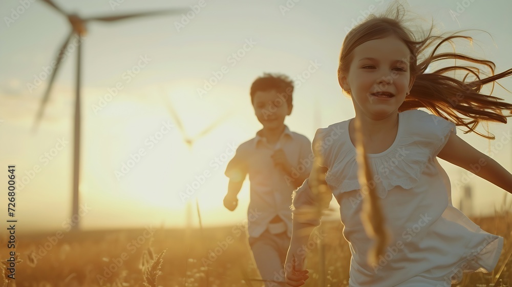 Little girl and boy are running in front of windmills. Renewable ...