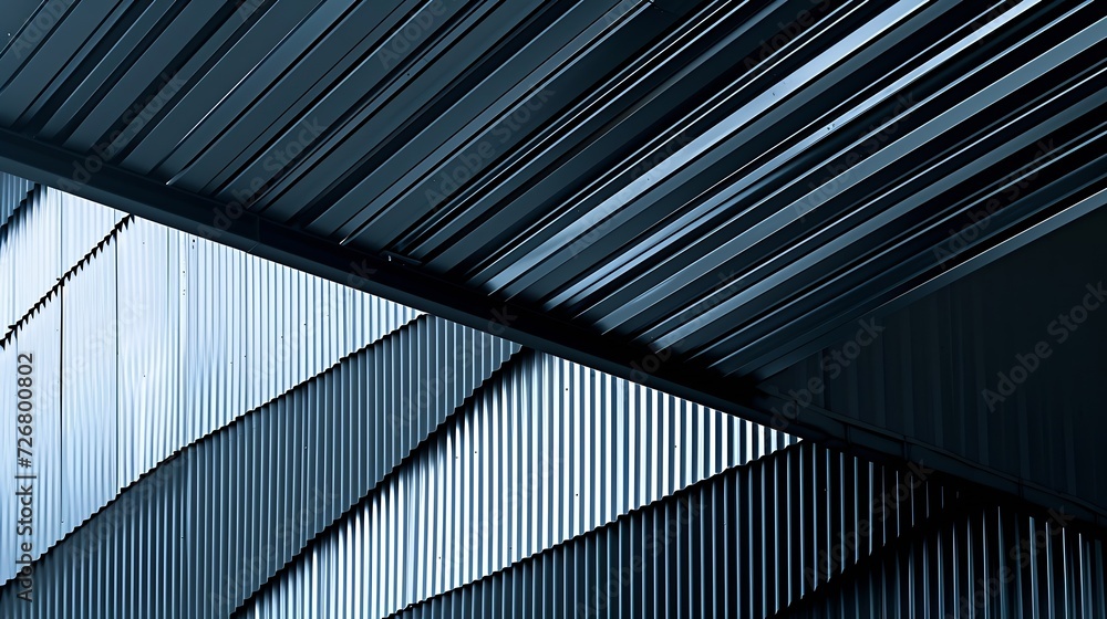 Corrugated metal walls of industrial building. Pitched roof. Abstract modern architecture in ...