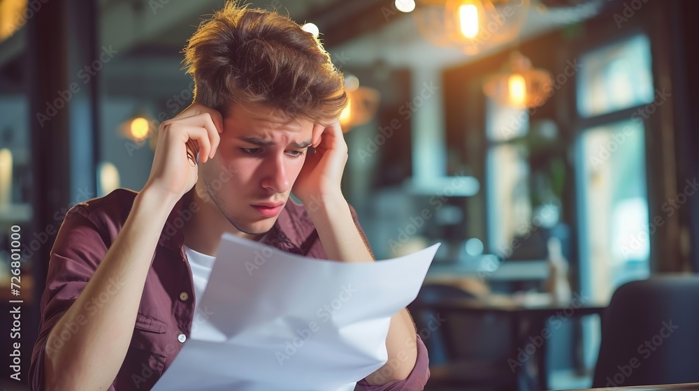 Confused frustrated young man reading letter in cafe, debt notification ...