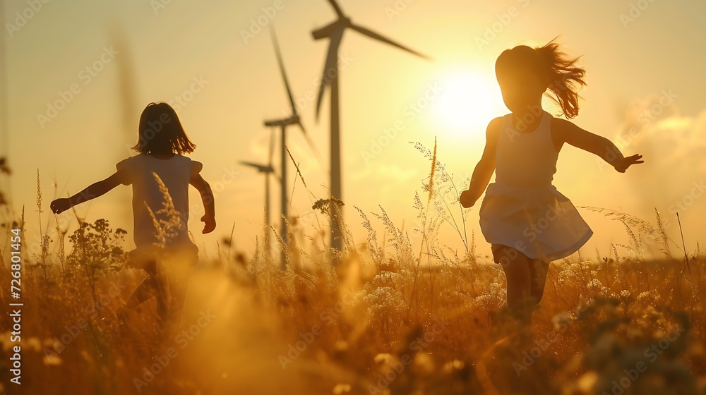 Little girl and boy are running in front of windmills. Renewable ...