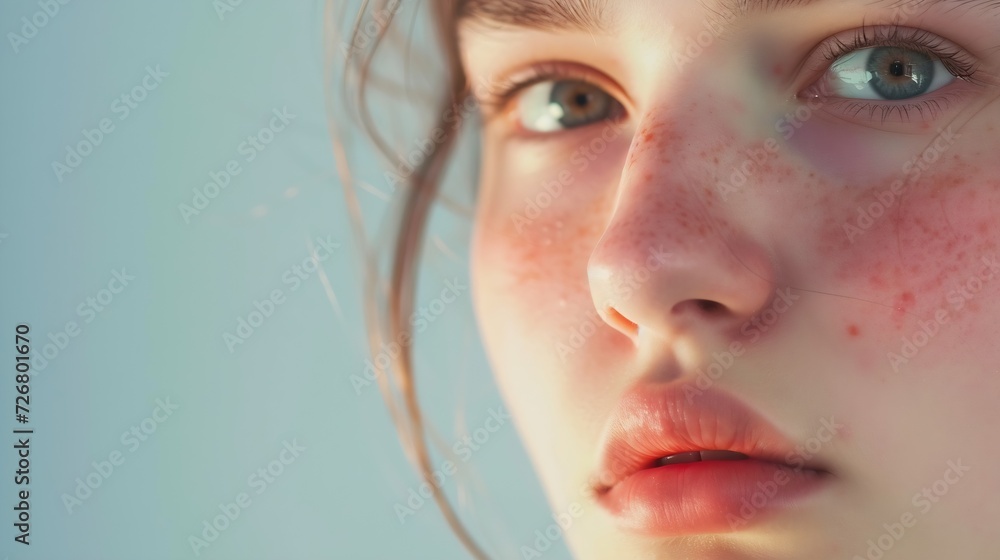 rosacea couperose redness skin, red spots on cheeks, young woman with ...