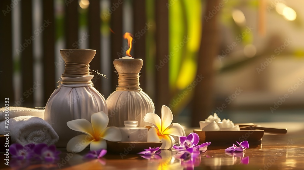 Spa massage wellness decorations setting on wood table. Thai spa ...
