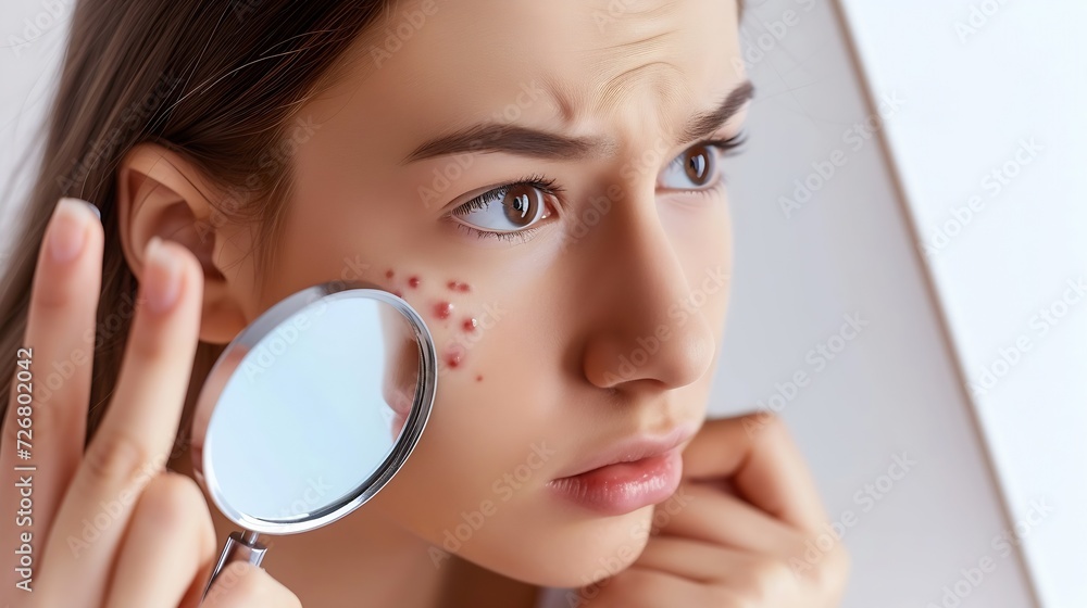 Cropped shot of woman worry about her face when she saw the problem of ...