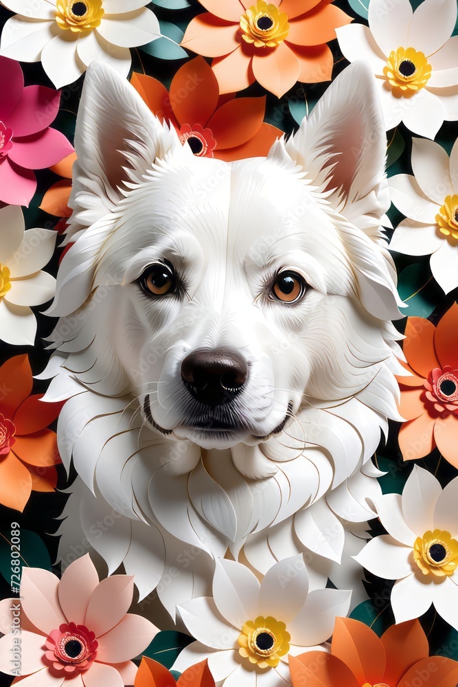 Watercolor floral white dog with flower bouquet illustration, 3d ...
