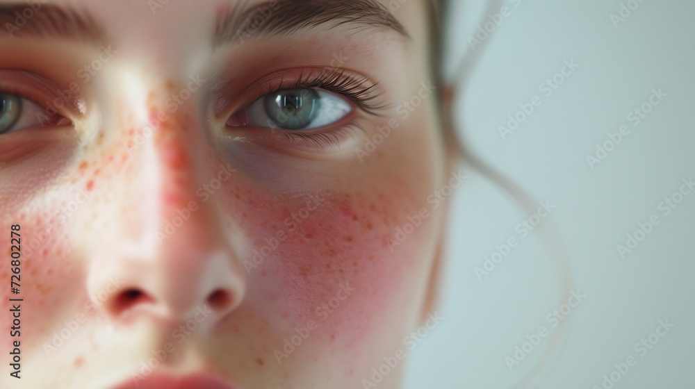 rosacea couperose redness skin, red spots on cheeks, young woman with ...