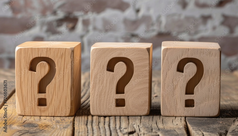 Three wooden blocks with question marks on them, presented in the style ...