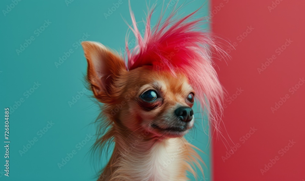 A Chihuahua dog with a pink mohawk, presented in the style of minimal ...