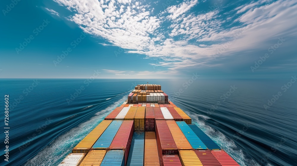 Aerial view of a large cargo ship filled with colorful containers ...