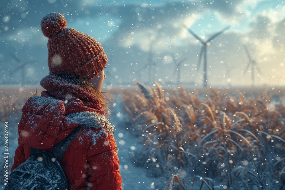 Braving the biting cold, a lone woman stands amidst the snowy fields ...