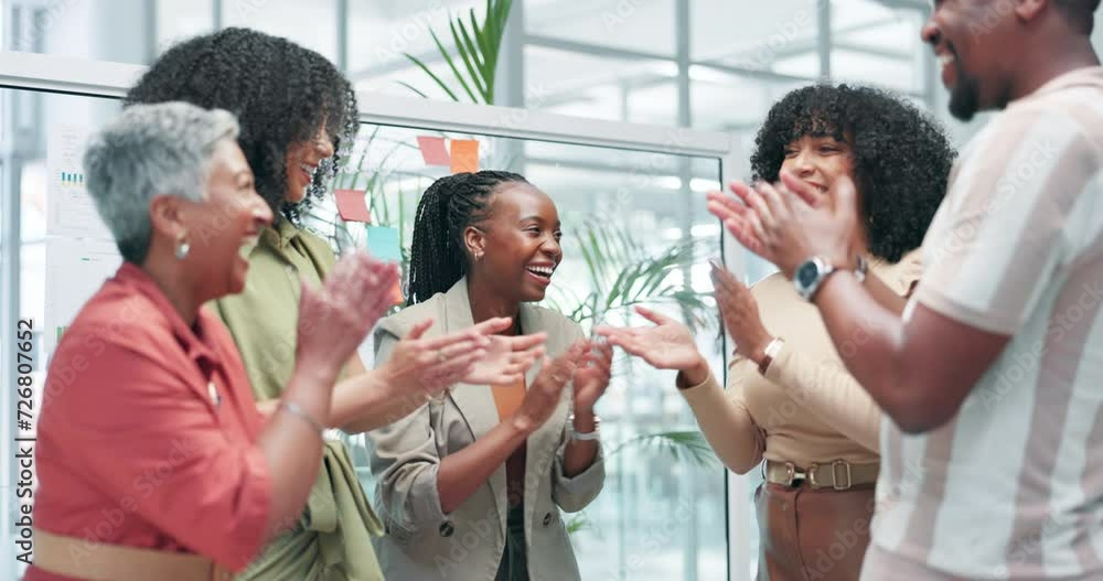 Happy, business people and applause with hands together in celebration ...