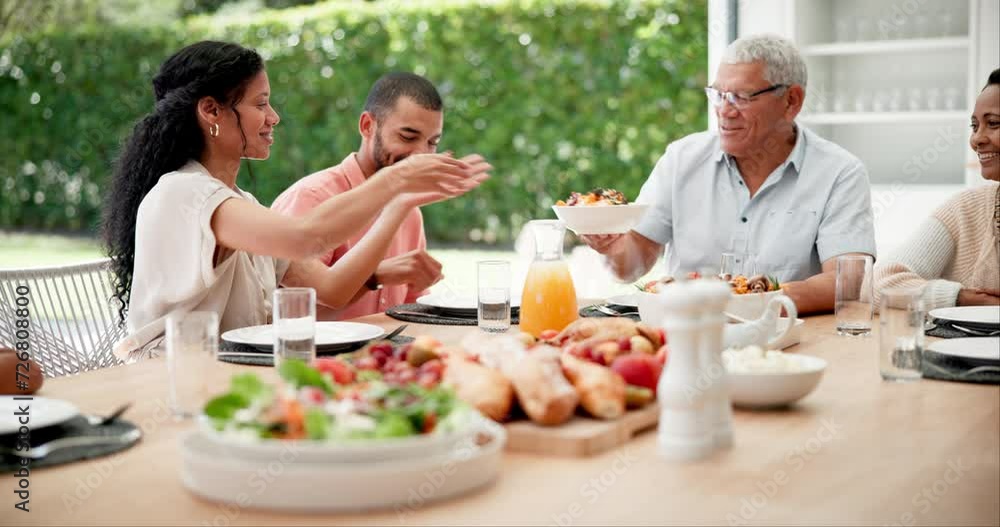 Woman, lunch and giving plate at family home to senior man for food ...
