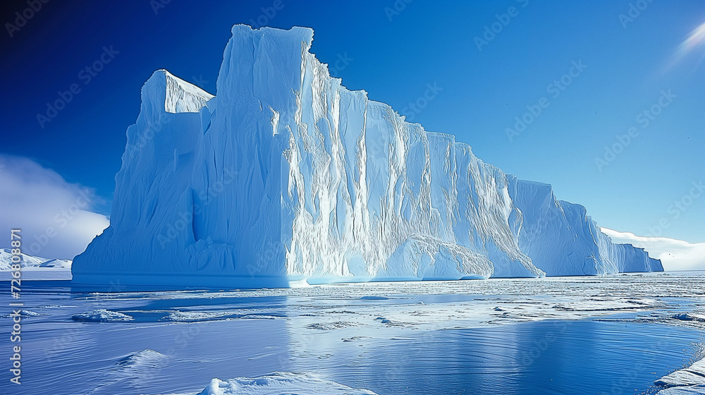Photographs of towering glaciers and giant icebergs floating in icy ...