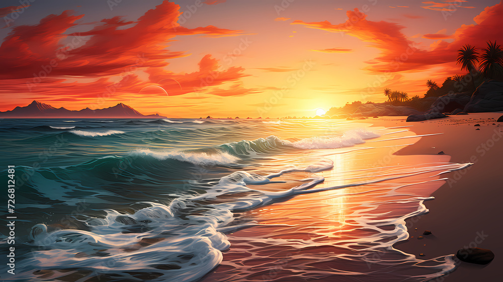 Sandy beach with light blue transparent water waves and sunlight ...