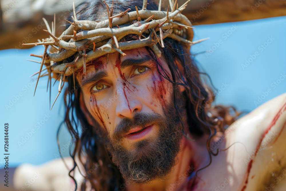 Portrait of Jesus of Nazareth on the cross, a suffering gaze of an ...