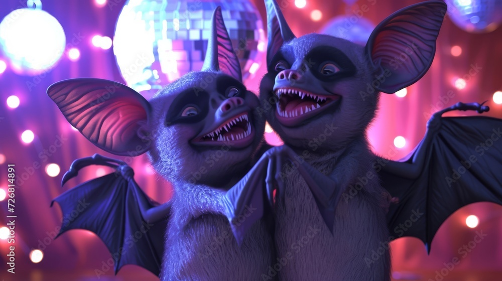 Cartoon scene A bat couple slow dancing under a disco ball with one bat dipping the other and ...
