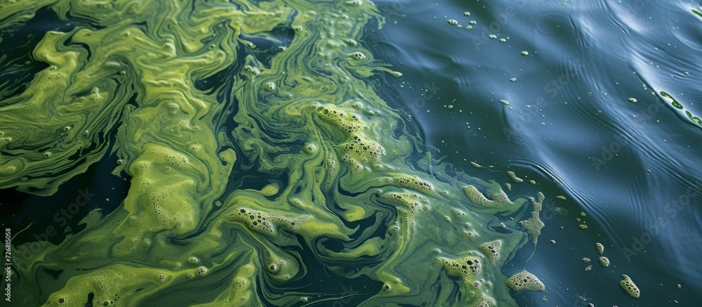Algae blooms on water surface caused by nutrient-rich runoff from ...