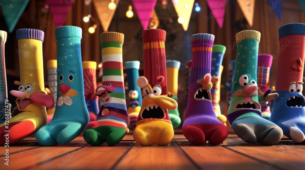 Cartoon scene A group of fashionable socks put on a sock puppet fashion ...