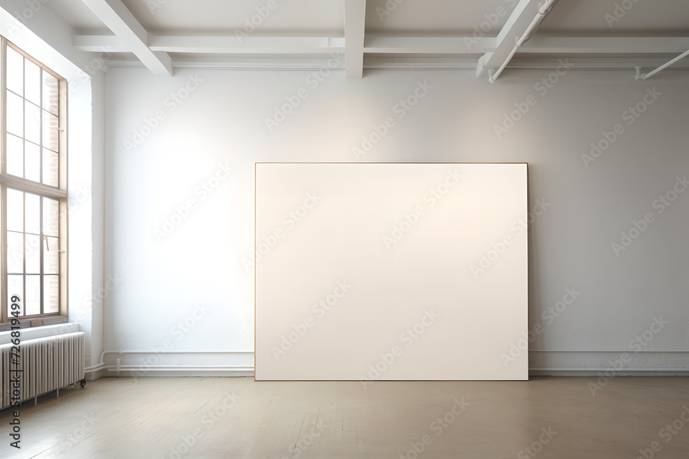 blank white canvas poster mockup on white wall on a empty white room ...