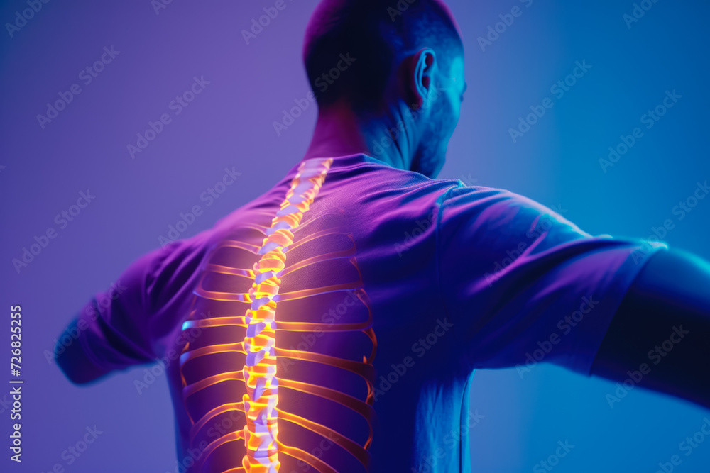 man holds his back with his hand, his spine is traced by neon light and ...