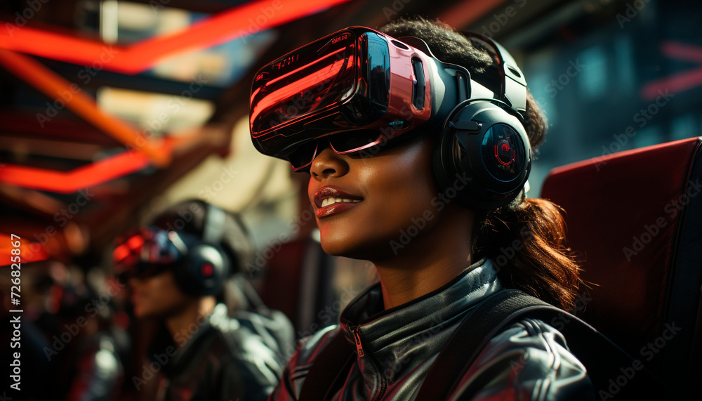 Young adults enjoying virtual reality simulator, smiling and having fun ...