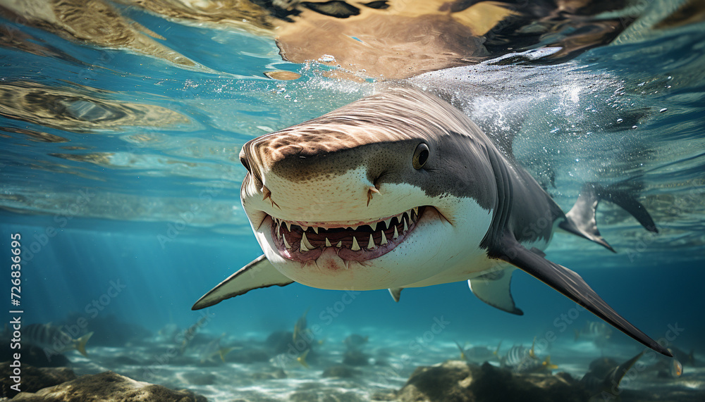 Majestic giant fish swimming in deep, dangerous, blue underwater ...