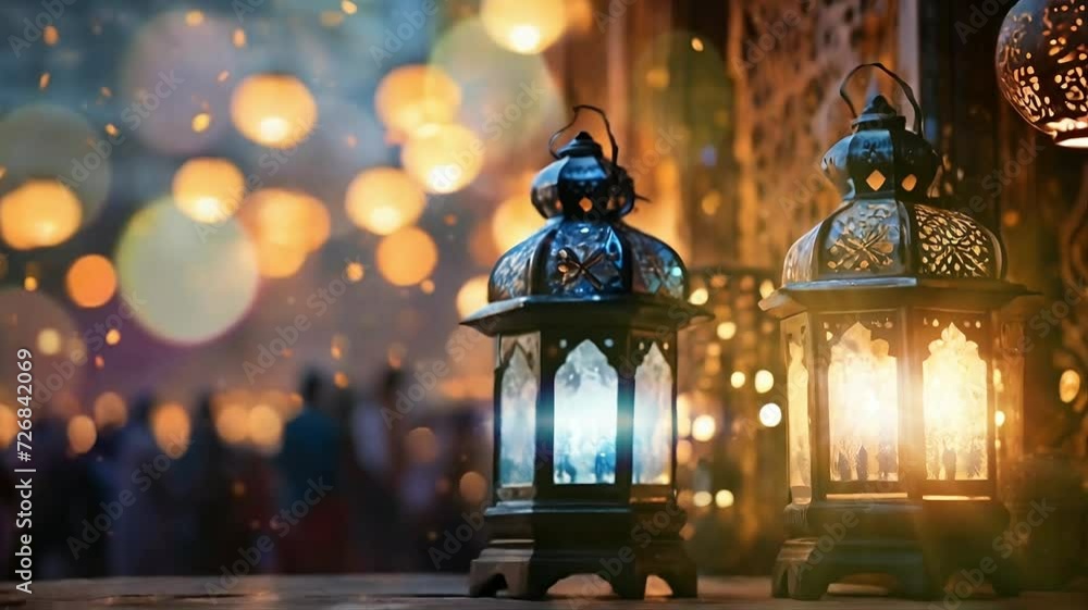 Ramadan lantern with bluish and golden light with empty space on the ...