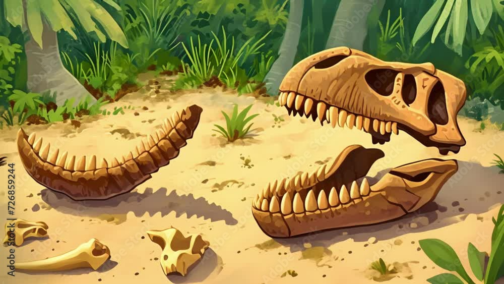 The fossilized jawbone and teeth of a herbivorous dinosaur next to the ...