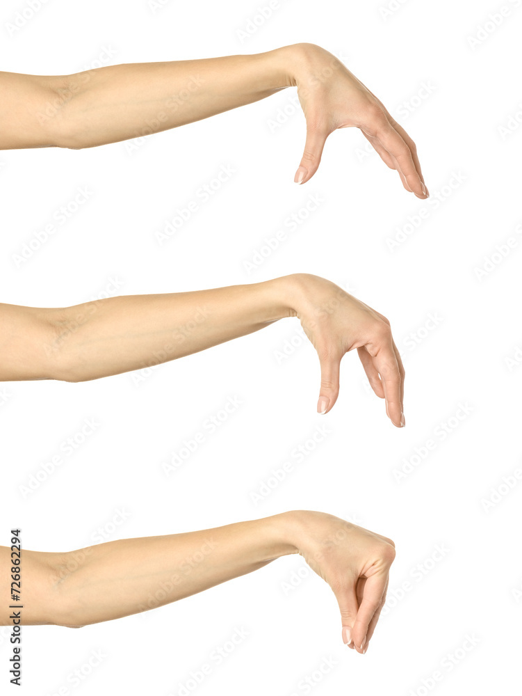Hand measuring invisible items gesture. Multiple images set of female ...