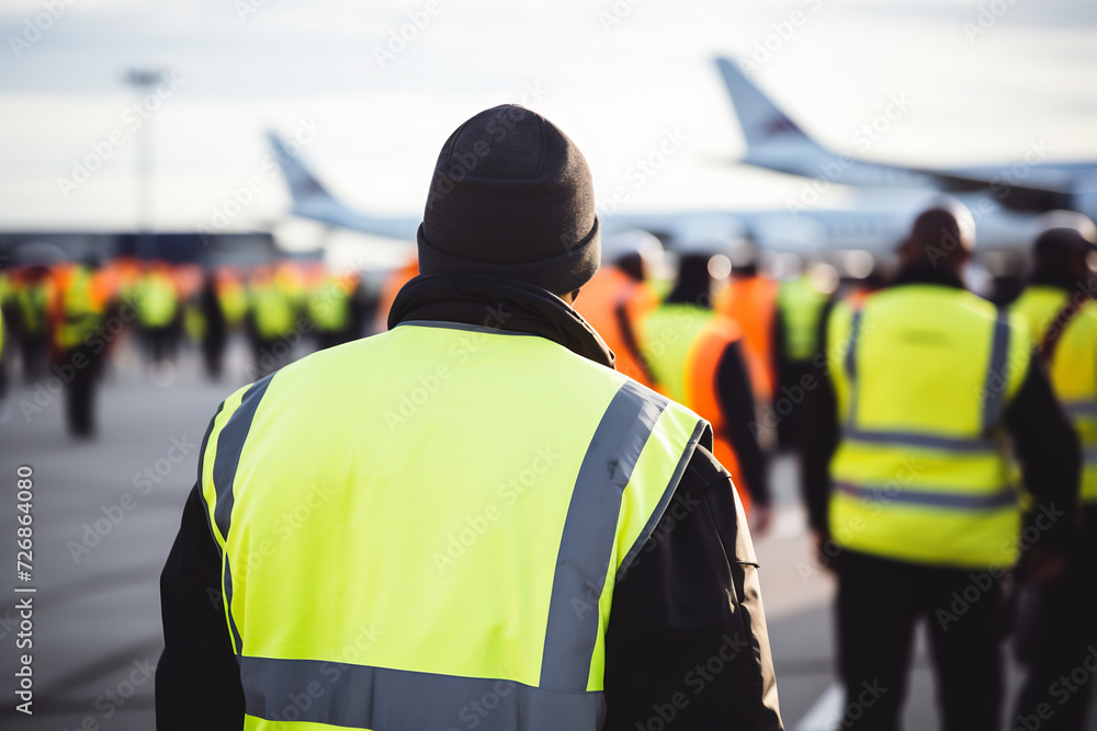 Airport Ramp Agent in Reflective Safety Vest Walking on Apron Among ...