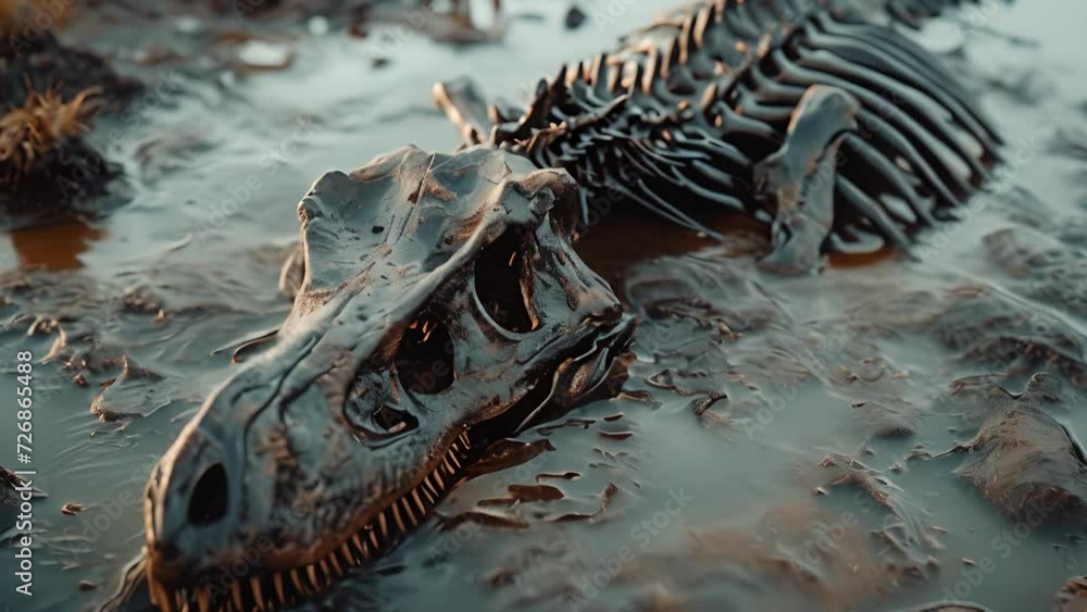 A timelapse image of a dinosaur fossil slowly dissolving in a pool of ...
