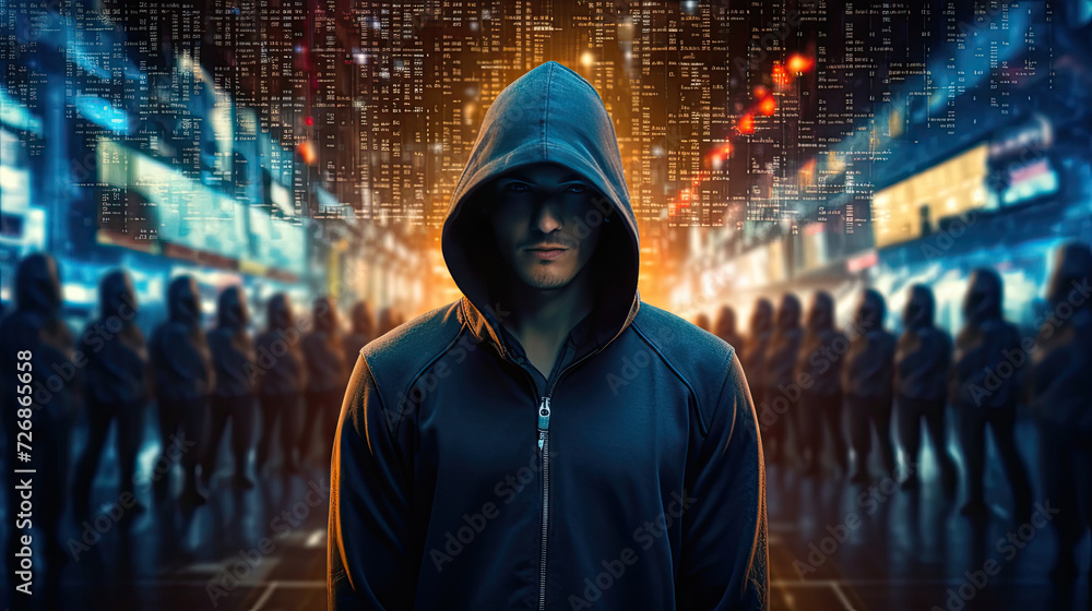 Anonymous hacker man in front with black sweatshirt and hoodie ...