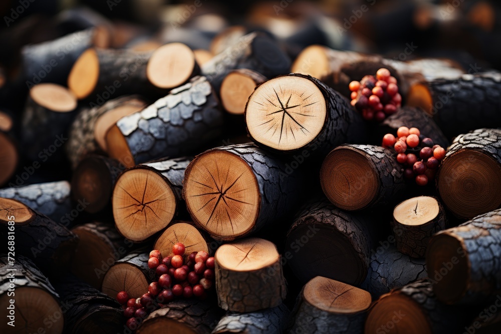 The chopped logs are in a stack. A wall of firewood, a background of ...