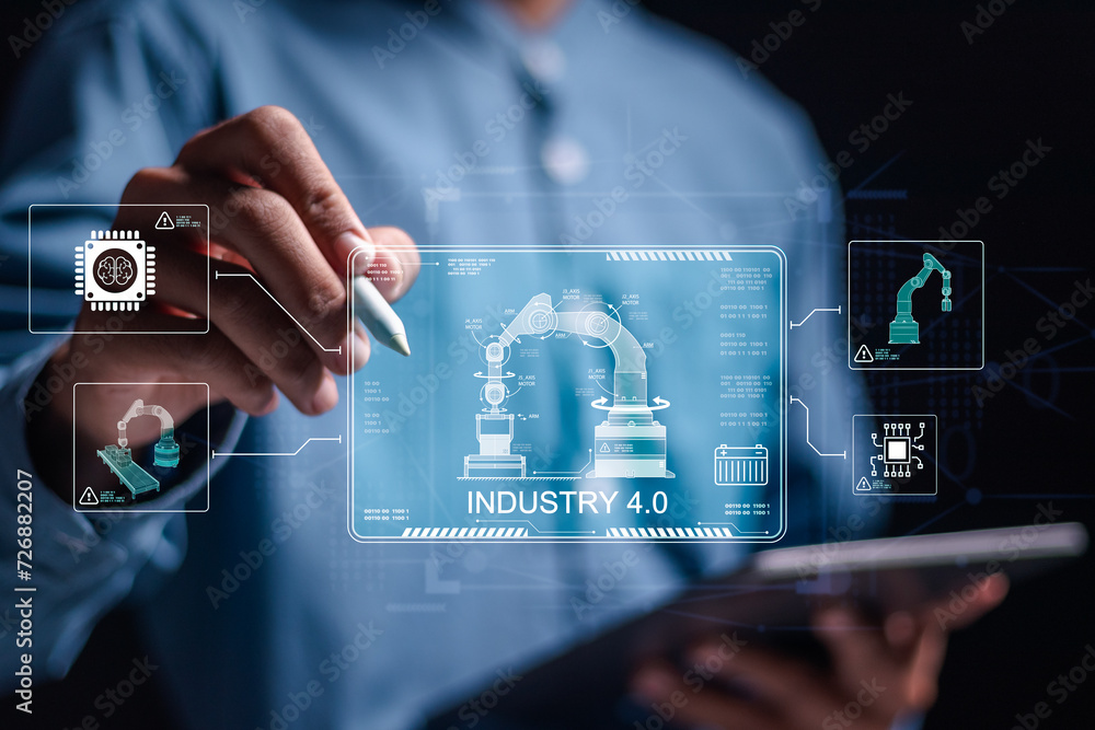 Smart industry 4.0 concept, Businessman touch virtual screen of ...